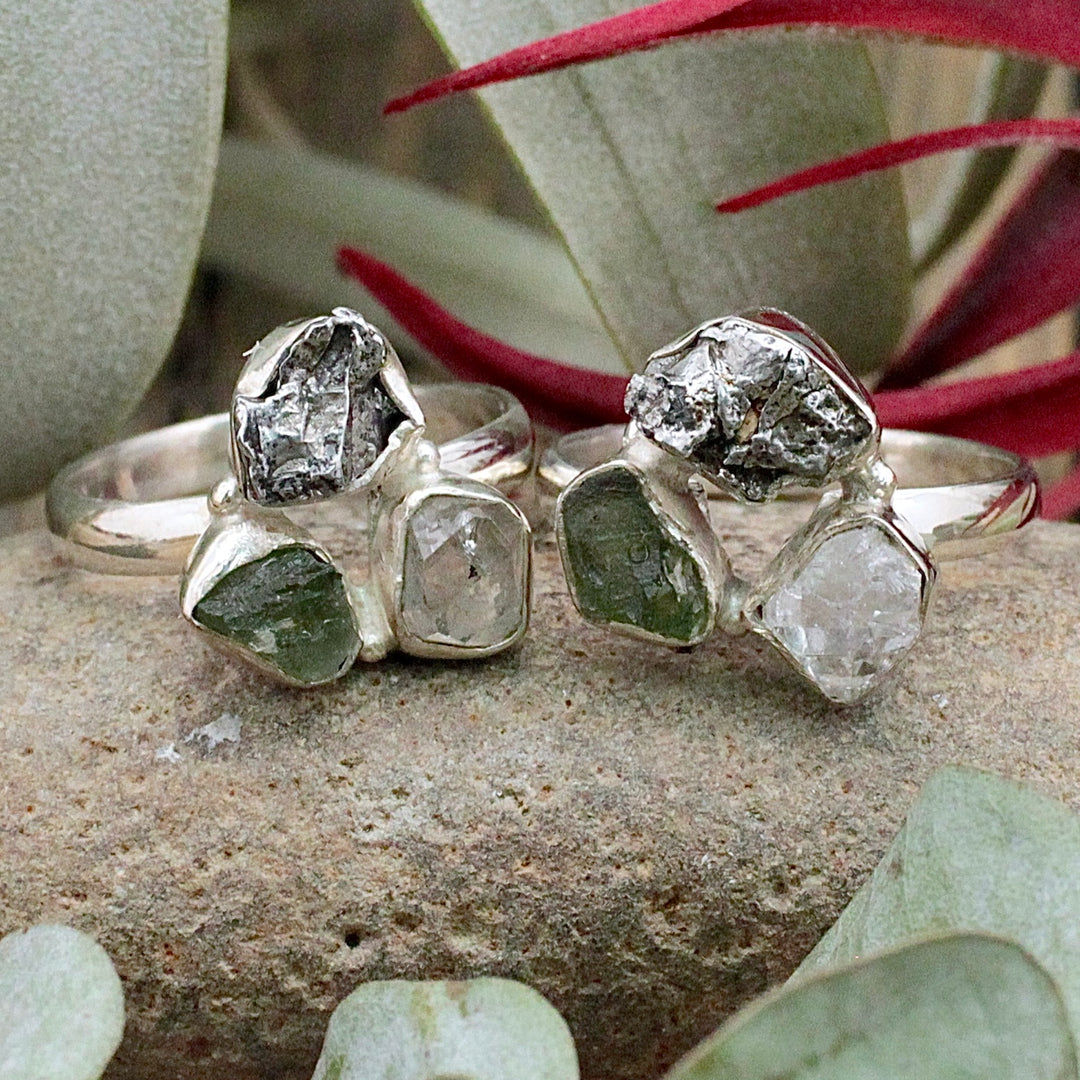Moldavite Pakimer Diamond and Campo Del Cielo Ring 6